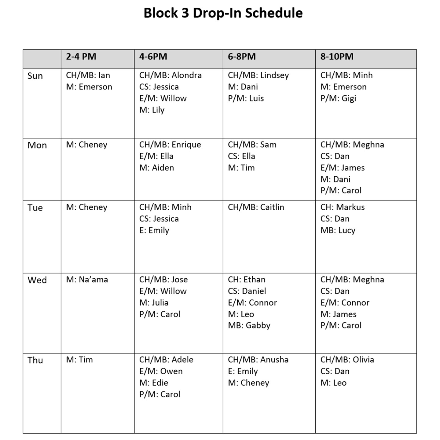 QRC Tutoring Schedule - Colorado College