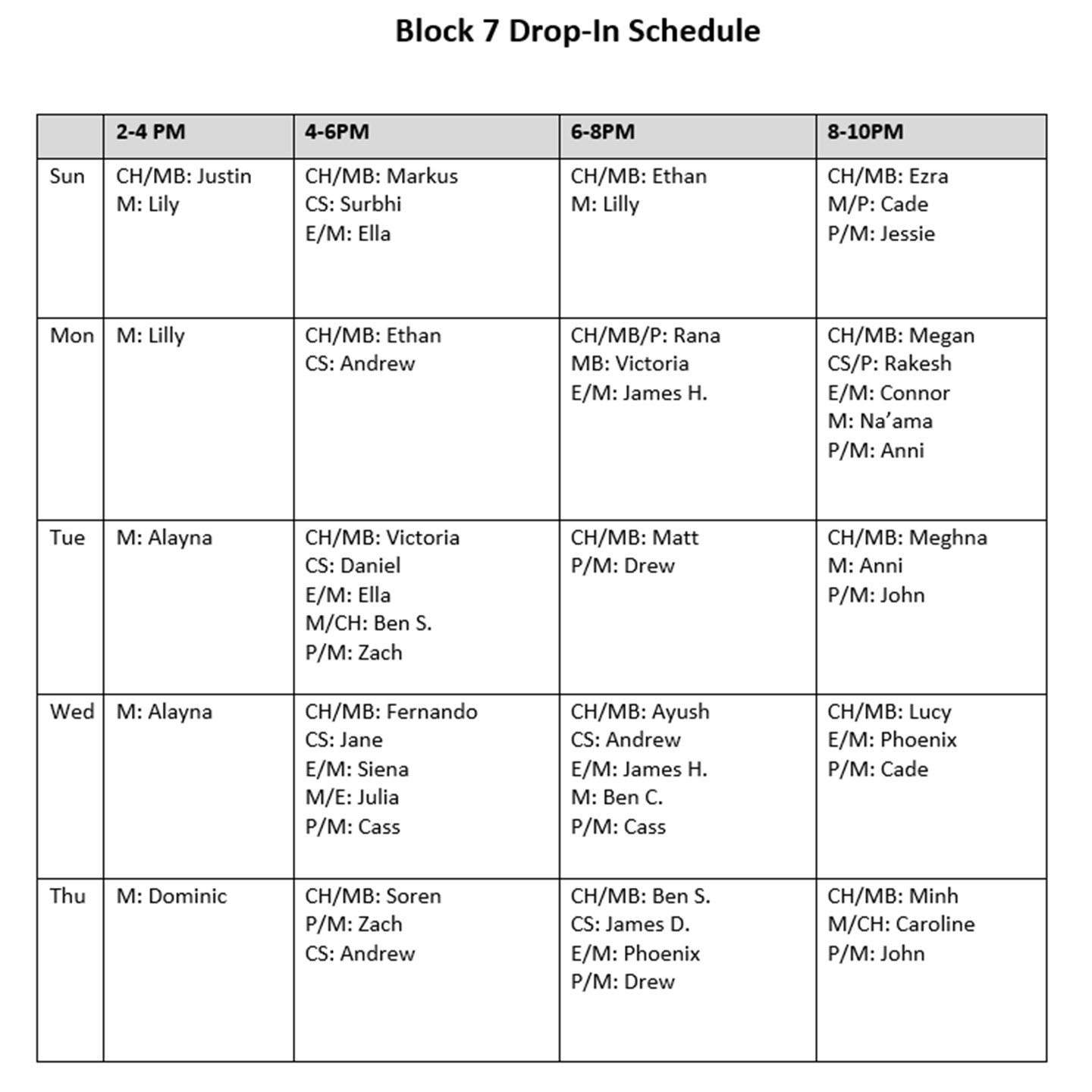 Spring 2021 Tutoring Schedule - Colorado College